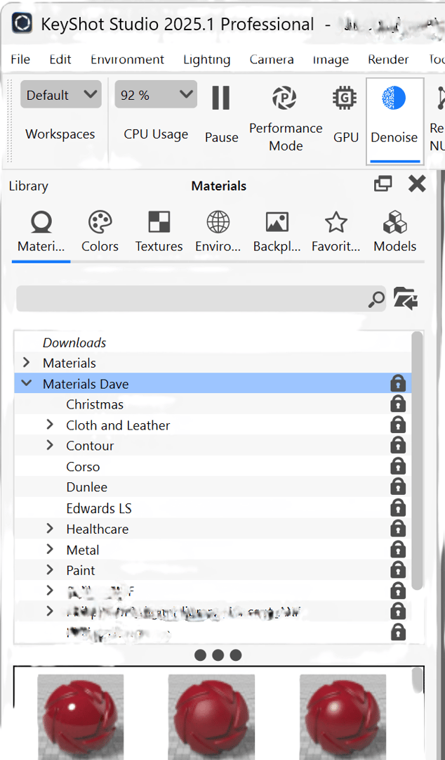 Locked Materials in KeyShot Studio Library
