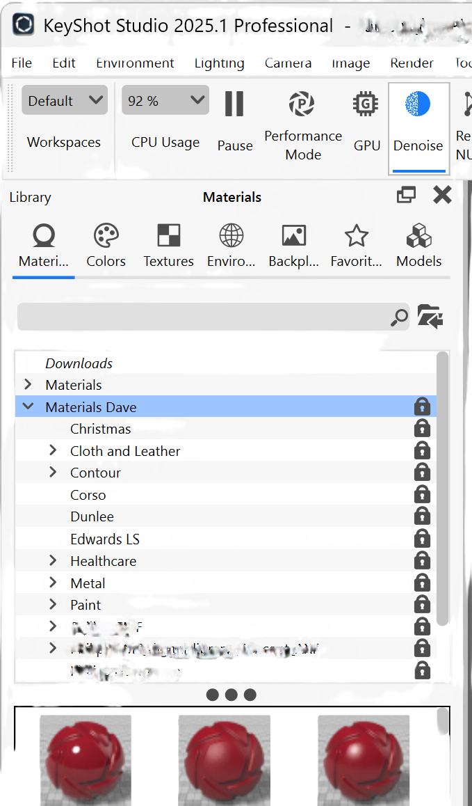 Locked Materials in KeyShot Studio Library