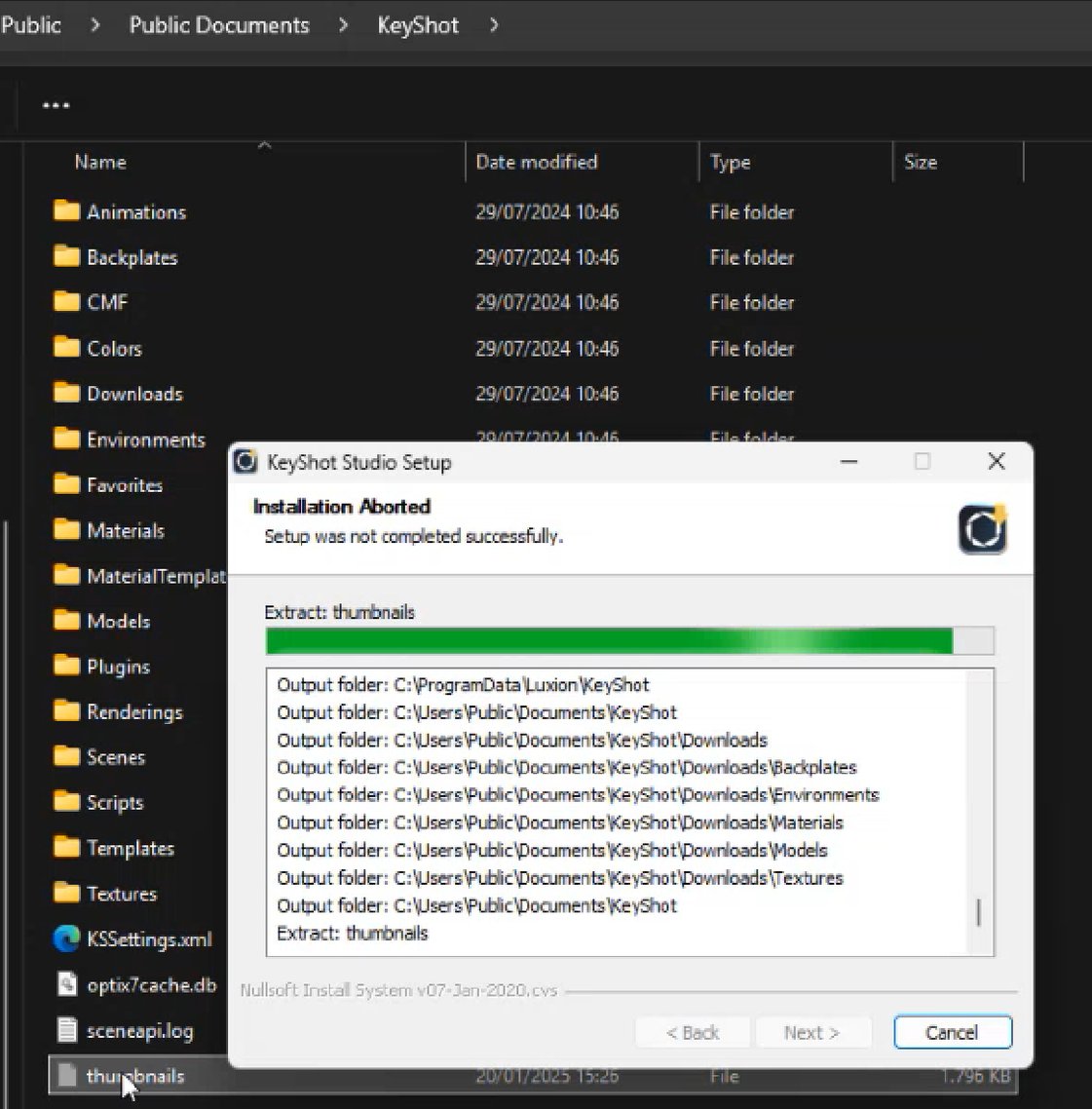 KeyShot Studio Installation: Extract: error writing to file thumbnails