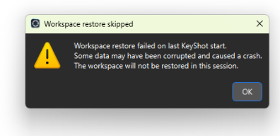 Error: "Workspace restore skipped" when trying to launch KeyShot
